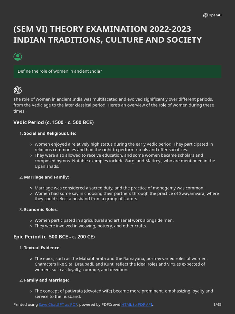 (Sem Vi) Theory Examination 2022-2023 Indian Traditions, Culture and Society | PDF | Brahman ...