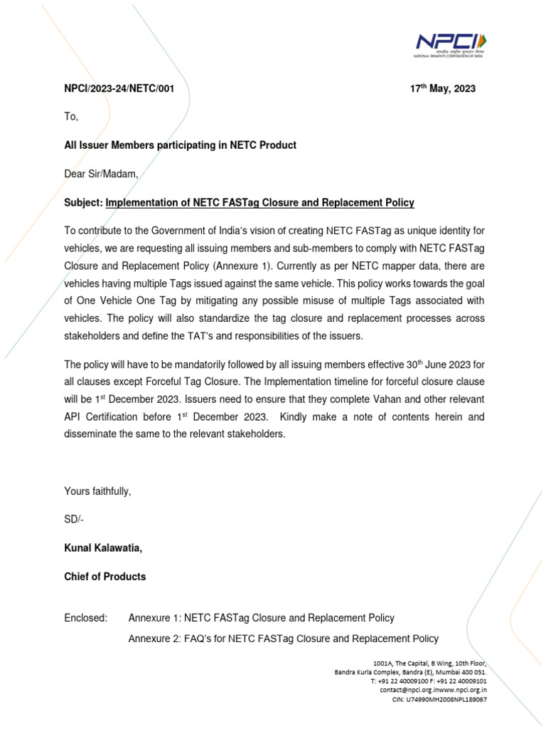 NETC I OC001 I FY 2023 2024 I Implementation of NETC FASTag Closure and ...