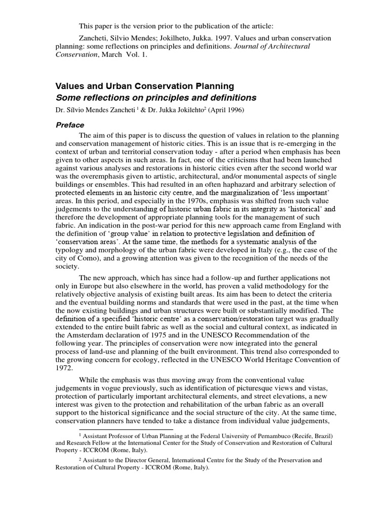 Values and Urban Conservation Planning - Some Reflections On Principles and Definitions ...