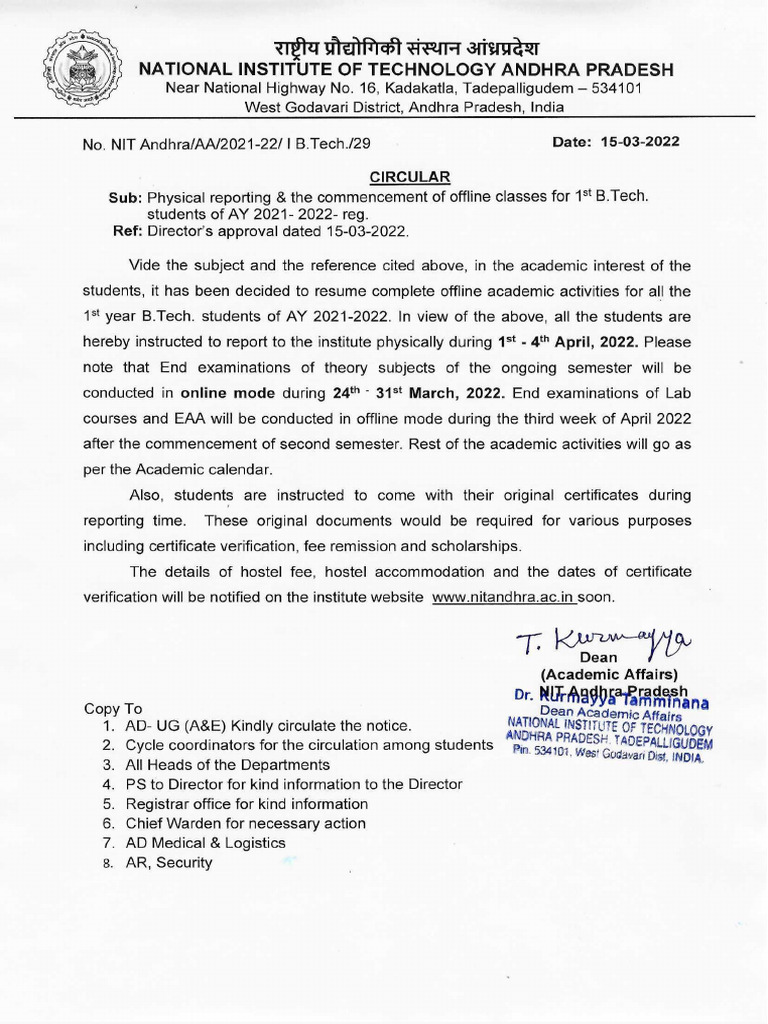 15-03-2022-I B.tech. Students Offline Classes | PDF