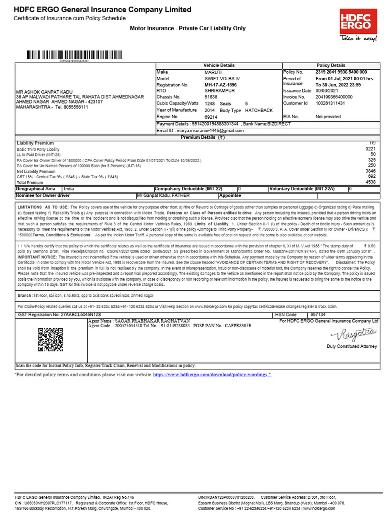 Maruti Swift VDi Insurance Policy Details | PDF | Insurance | Vehicle ...