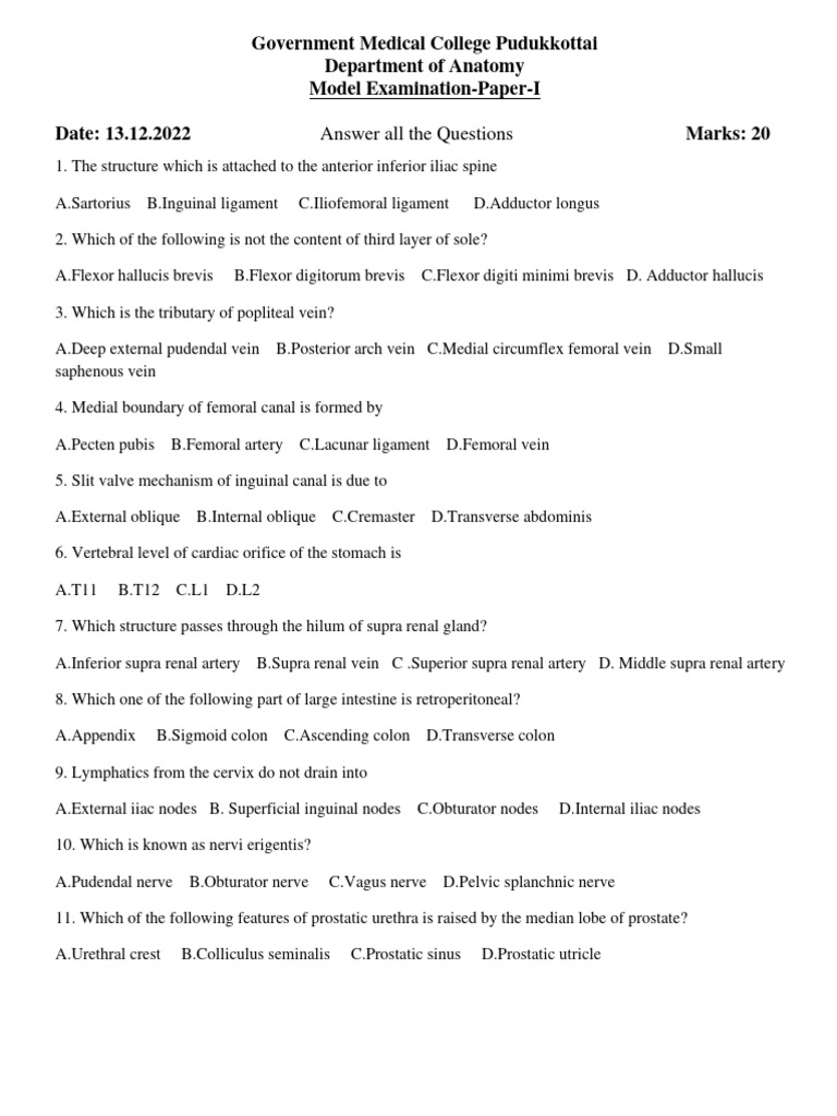 Model Exam Paper-1 MCQs 2021-22 | PDF | Vein | Prostate