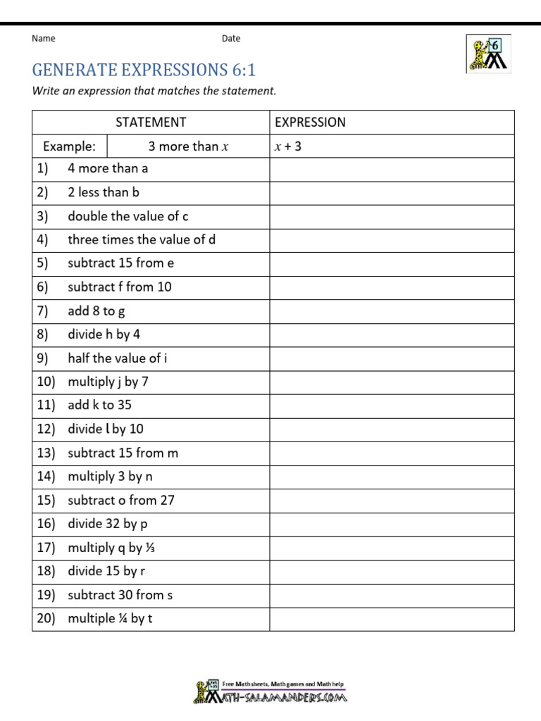 6th Grade Generate Expressions 1 | PDF
