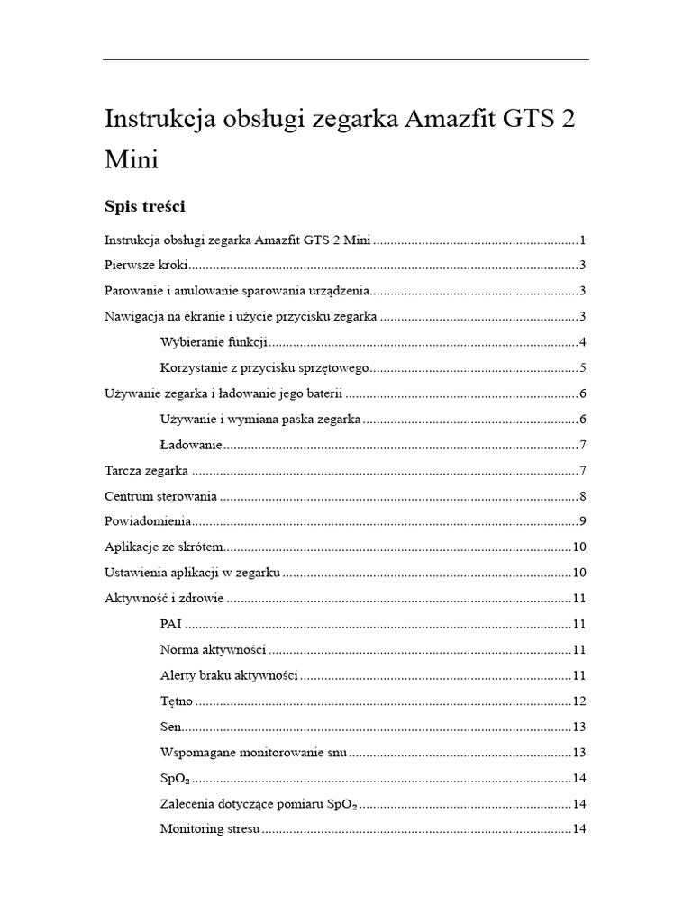Instrukcja Obsługi Zegarka Amazfit GTS 2 Mini: Spis Treści | PDF