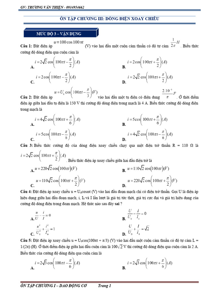 Bai Tap Chuong 3 Dòng Điện Xoay Chiều | PDF