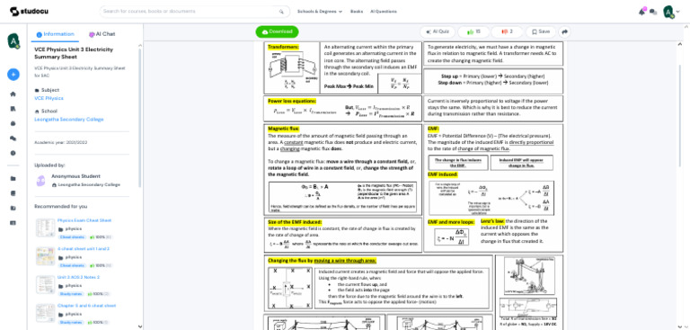 VCE Physics Unit 3 Electricity Summary Sheet - Physics SAC - AOS 2 ...