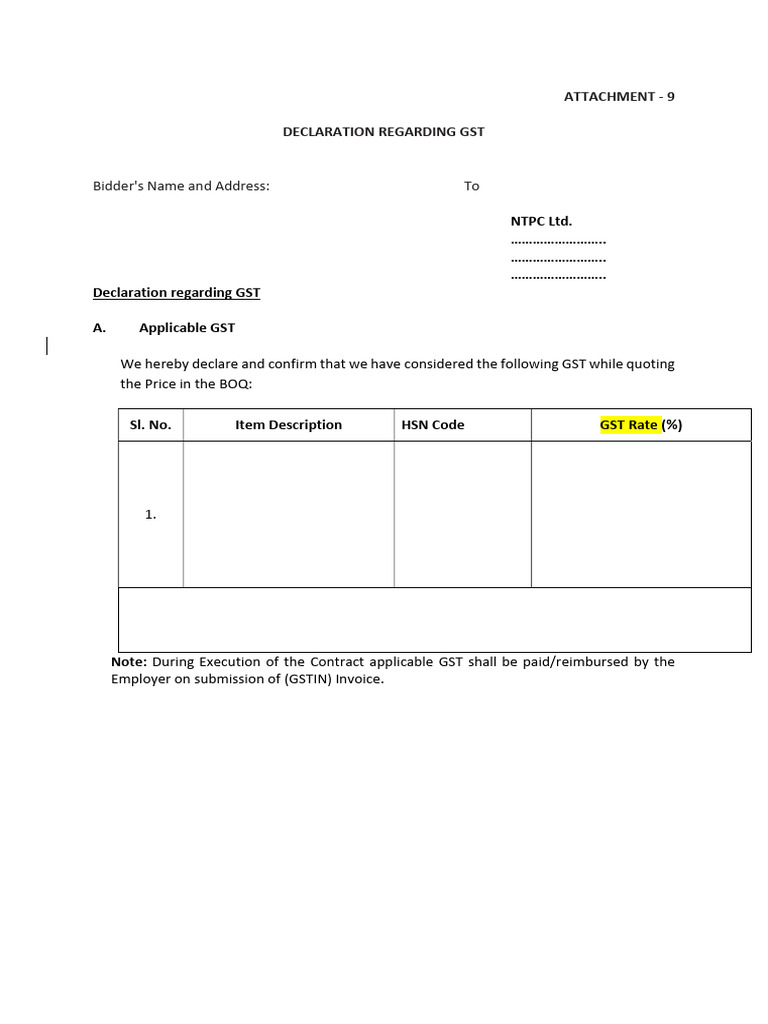 Attachment - 9 Declaration Regarding GST | PDF