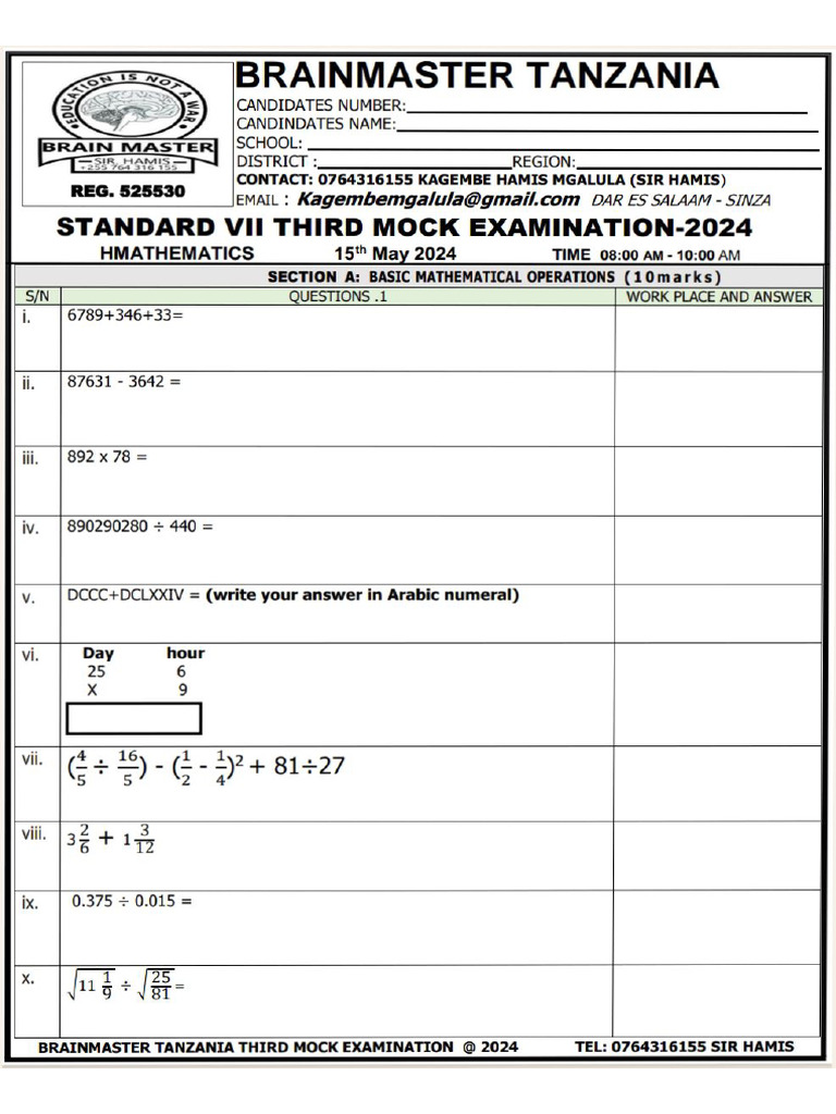BRAINMASTER TANZANIA?? G7 MATH THIRD MOCK EXAMINATION 2024 | PDF