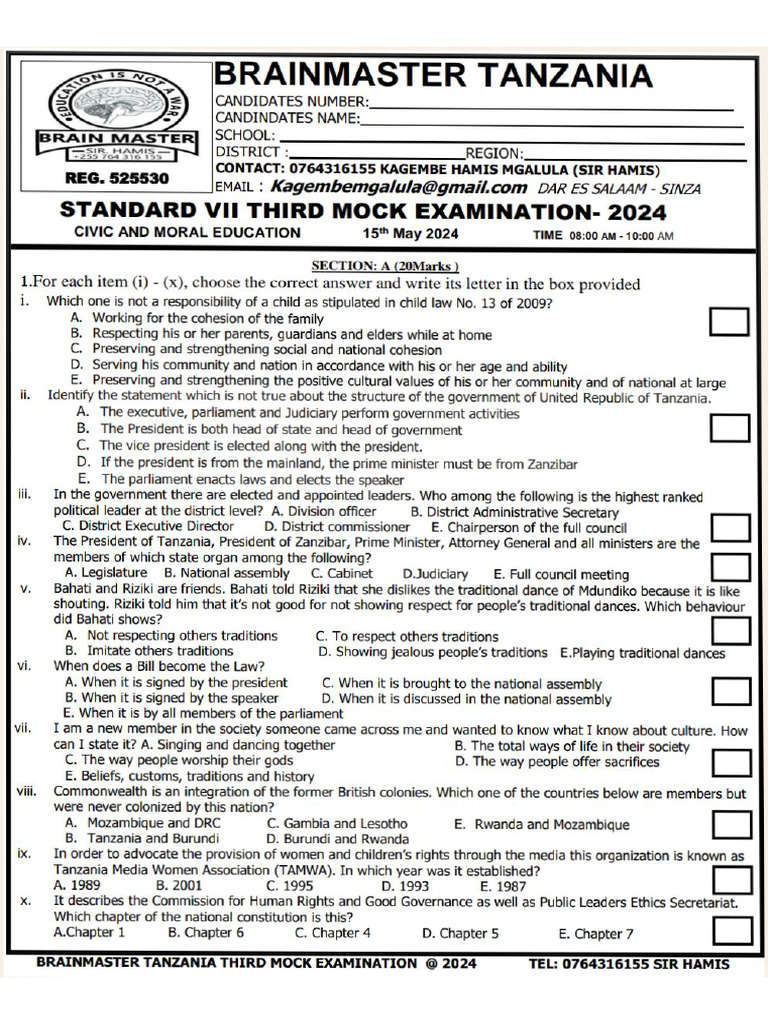 Brainmaster Tanzania?? G7 Cme Third Mock Examination 2024 | PDF