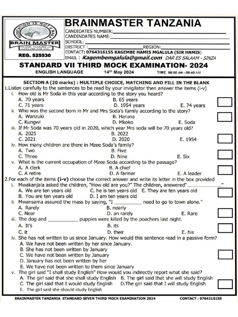 Brainmaster Tanzania?? G7 Eng Third Mock Examination 2024 | PDF