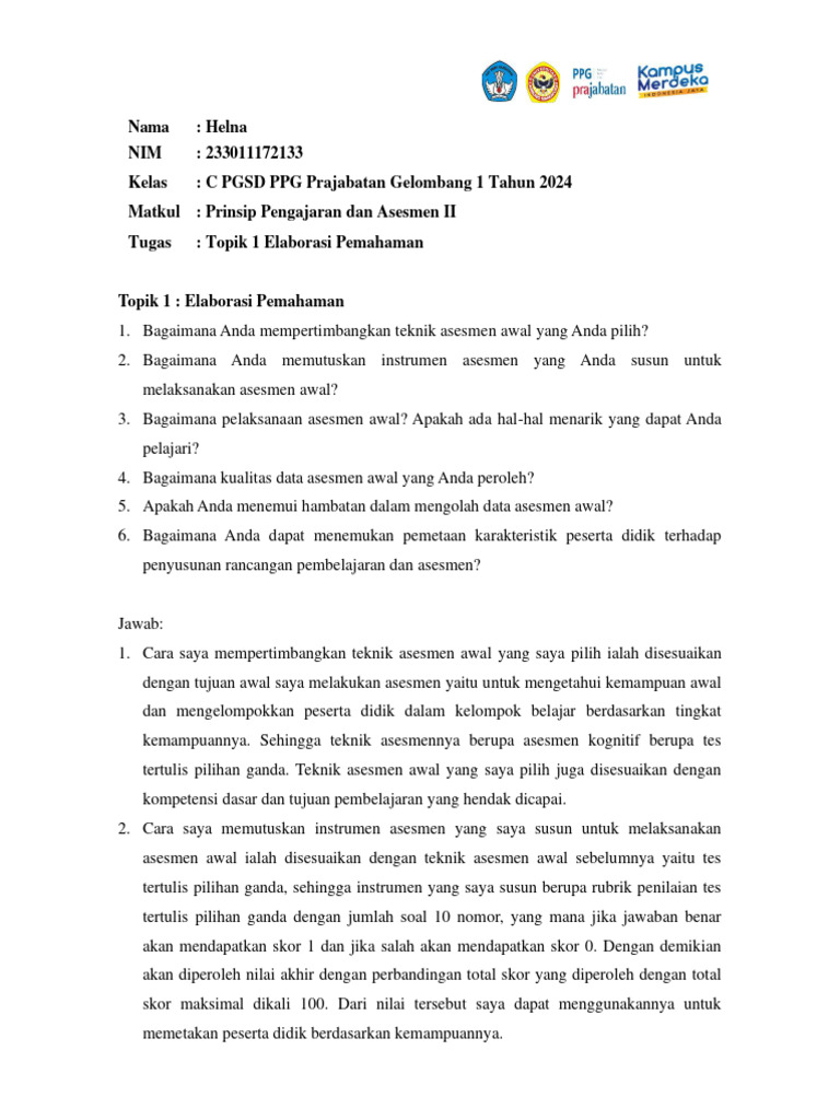 Helna - 2330111721933-T1 Elaborasi Pemahaman - Prinsip Pengajaran Dan Asesmen II - Kelas C PGSD ...