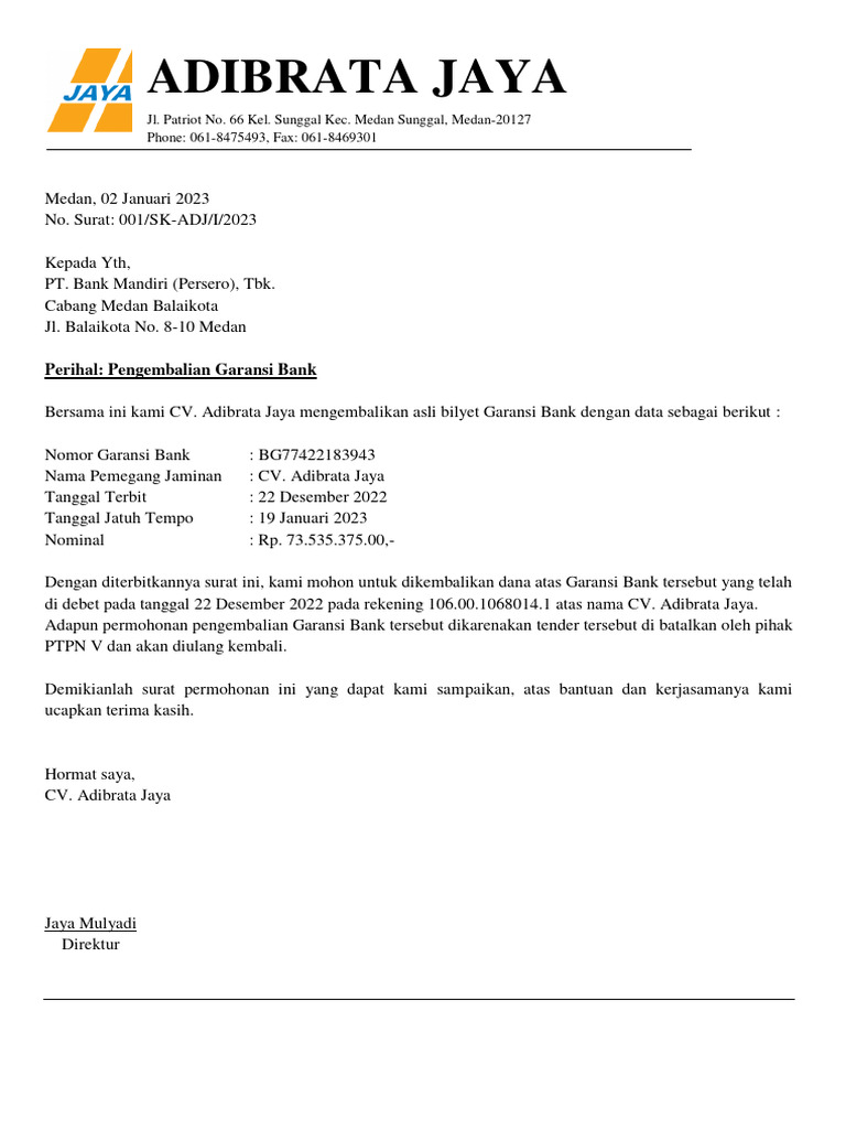 001 Surat Permohonan Pengembalian Bank Garansi (PTP V PEKANBARU) BG No ...