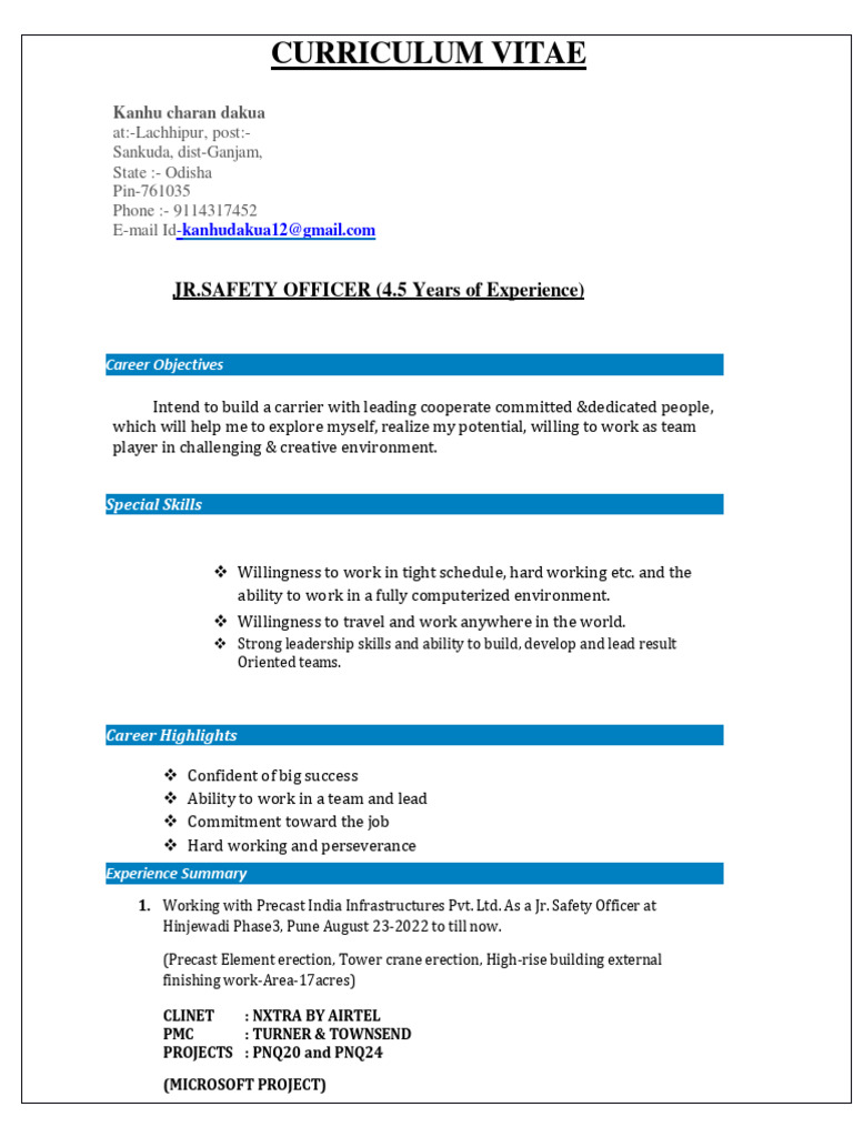 Kanhu Charan Dakua EHS CV | PDF | Occupational Safety And Health | Safety