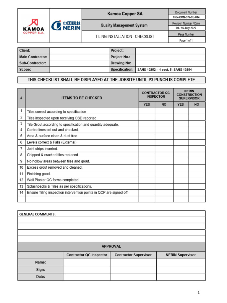 Tiling - Checklist | PDF