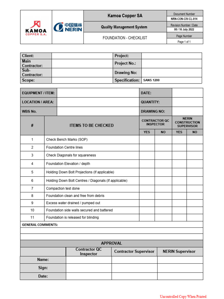 Foundation Checklist for Quality Control | PDF