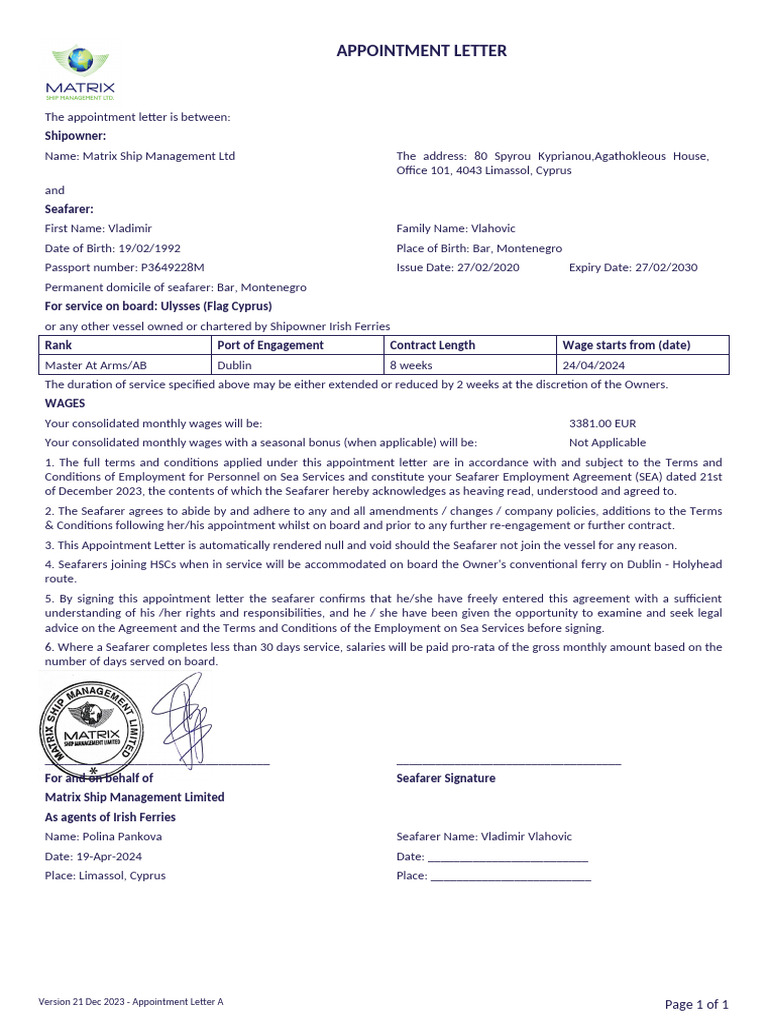 Seafarer Appointment Letter 2024 | PDF | Sailor | Shipping