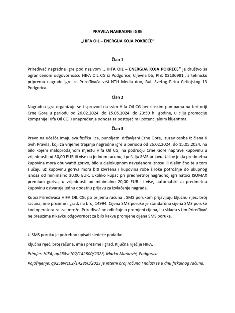 Nagradna Igra 2024 Pravila 1 | PDF