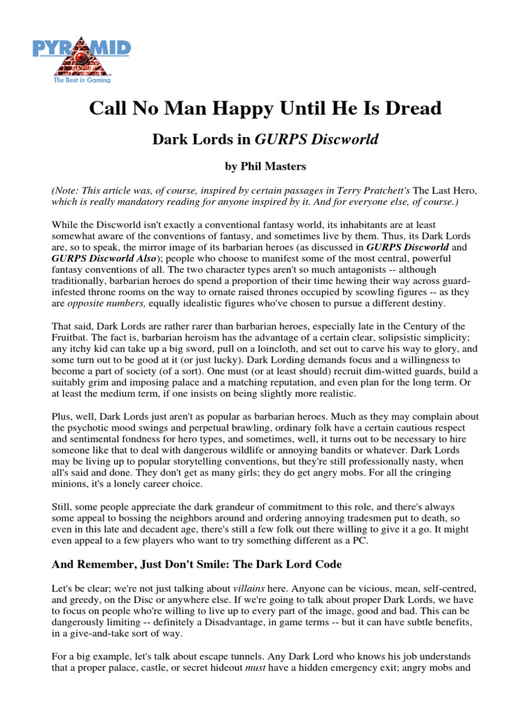 Call No Man Happy Until He Is Dread (Dark Lords in GURPS Discworld ...