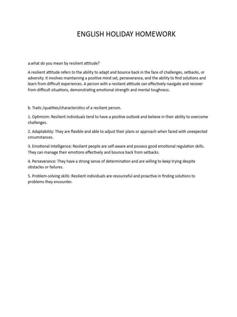 English Holiday Homework | PDF | Psychological Resilience | Psychology