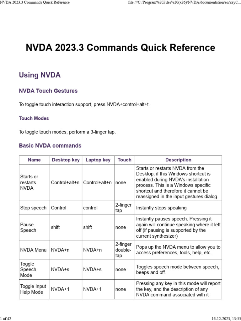 NVDA 2023.3 Commands Quick Reference | PDF | Cursor (User Interface) | Button (Computing)