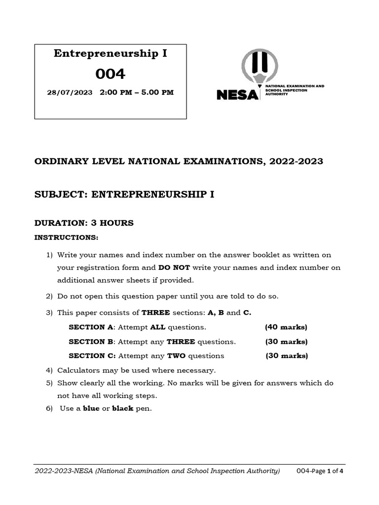 2022-2023 NESA Entrepreneurship Exam | PDF | Business | Economies