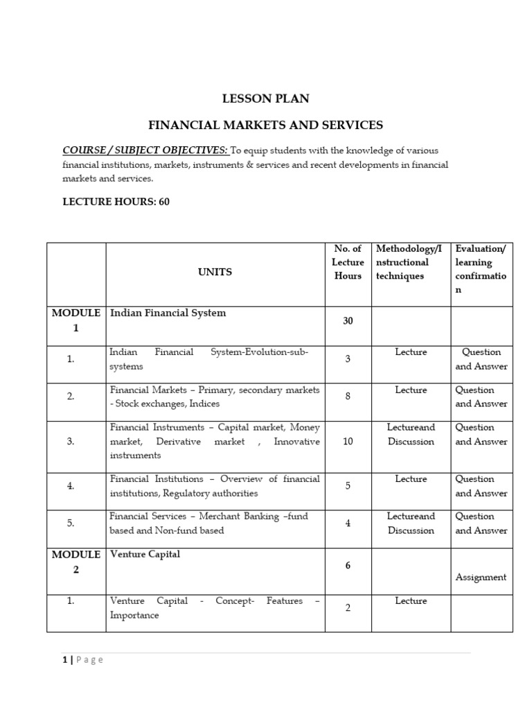 Financial Markets and Services Lesson Plan | PDF | Financial Markets ...