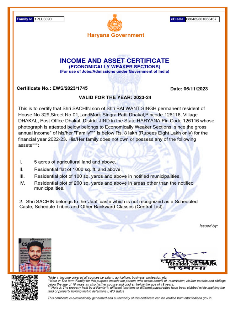 EWS Income and Asset Certificate 2023 | PDF