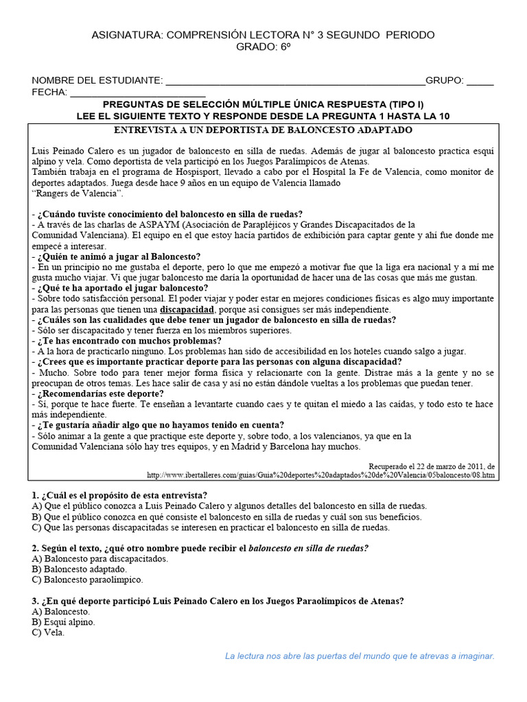 Prueba de Comprension #3 2P Grado 6° 2024 | PDF | Invalidez