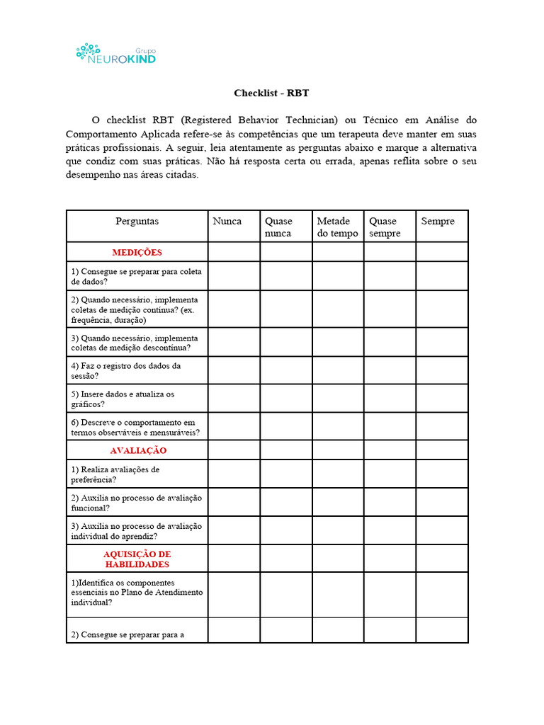 Checklist - RBT | PDF | Reforço