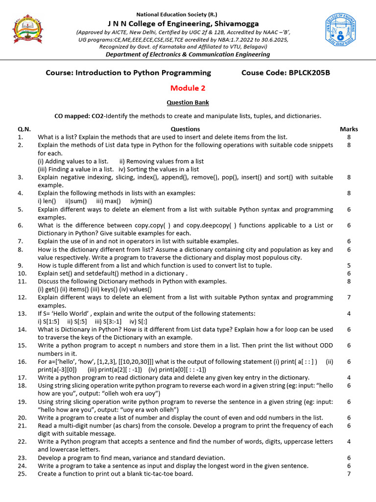 Module 2 Questions | PDF | Python (Programming Language) | Computer Programming
