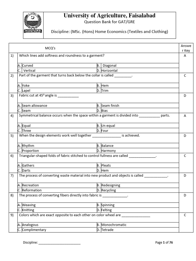 GAT/GRE Question Bank: Home Economics | PDF | Textiles | Yarn