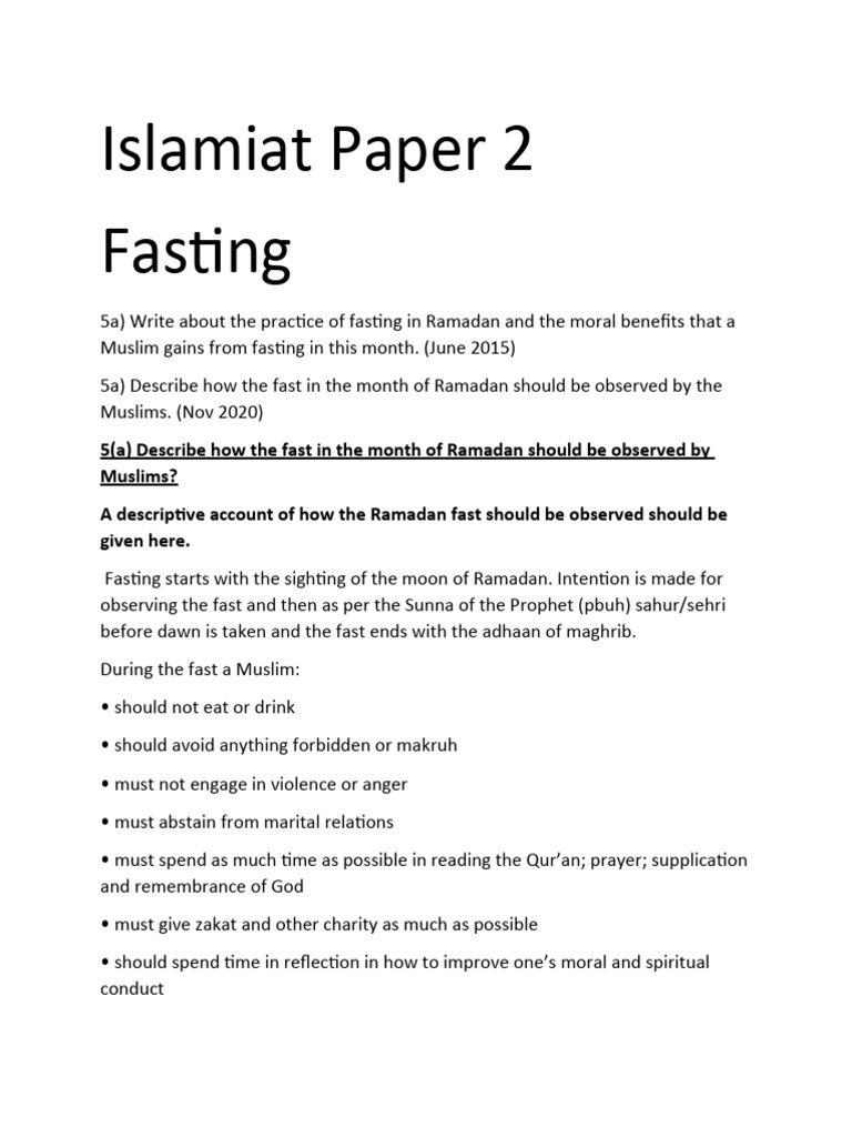Islamiat Paper 2 Model Answers On Method of Fasting | Download Free PDF ...