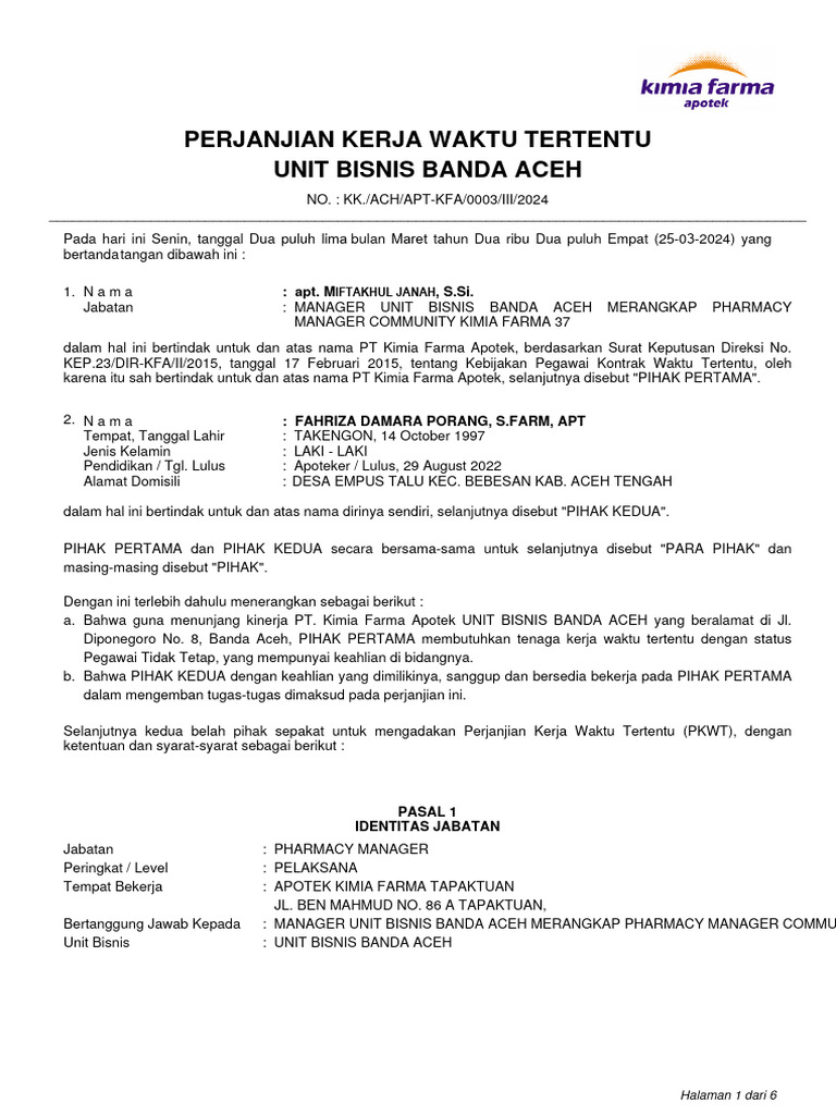 Surat - Kontrak - PKWT - Apt. Fahriza Damara Porang, S.Farm | PDF