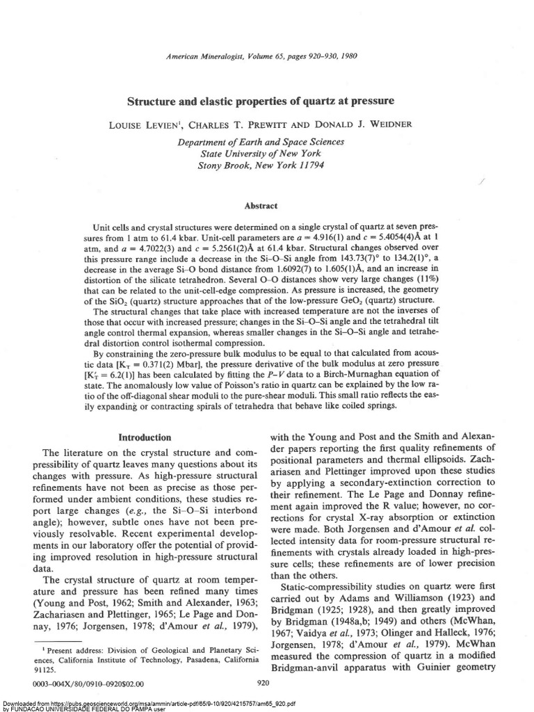 Structure and Elastic Properties of Quartz at Pressure | PDF ...