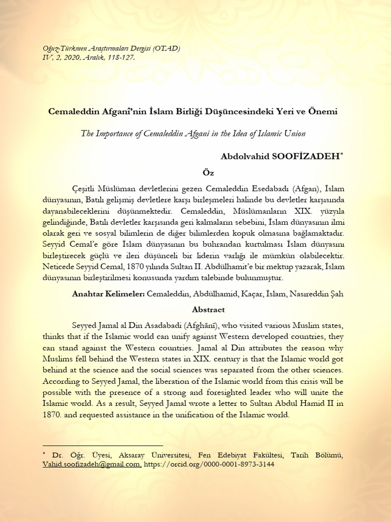 Cemaleddin Afganî'nin İslam Birliği Düşüncesindeki Yeri Ve Önemi | PDF