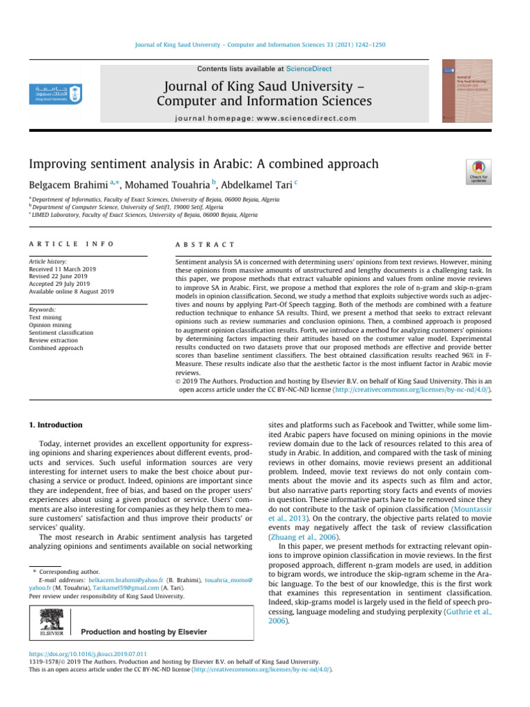 Improving sentiment analysis in Arabic: A combined approach | PDF ... Improving sentiment analysis in Arabic: A combined approach | PDF ...