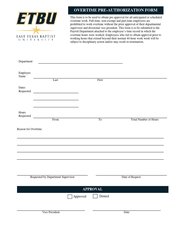 Overtime Pre-Authorization From - Fillables | PDF