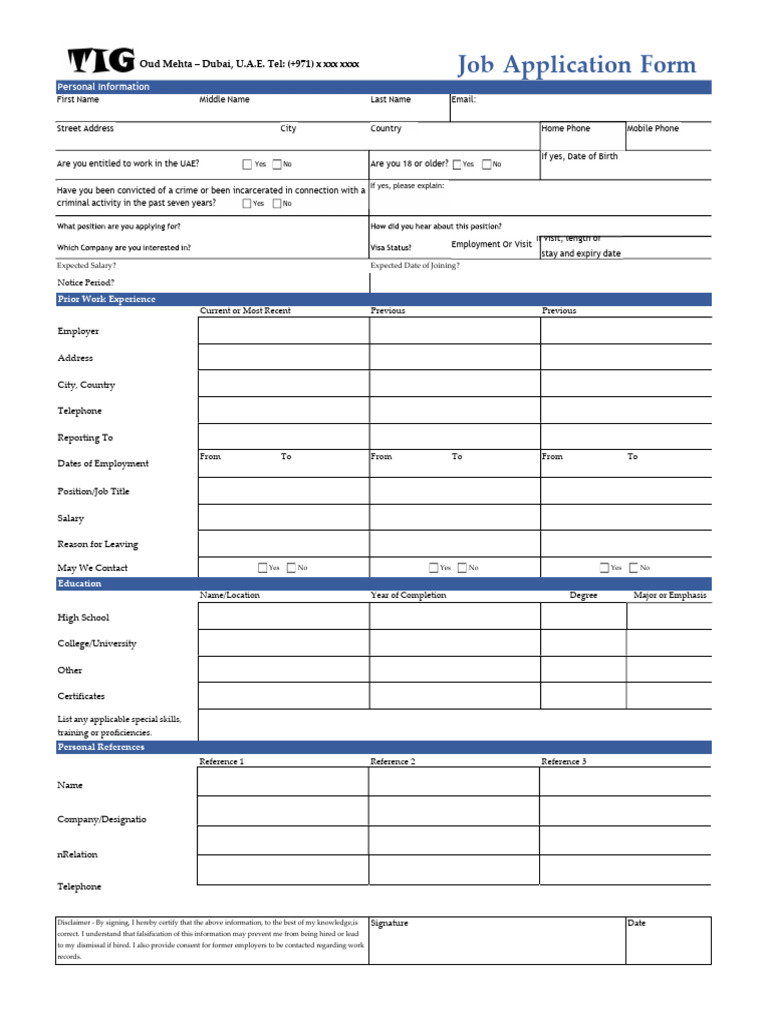 Job Application Form for Dubai Employment | PDF