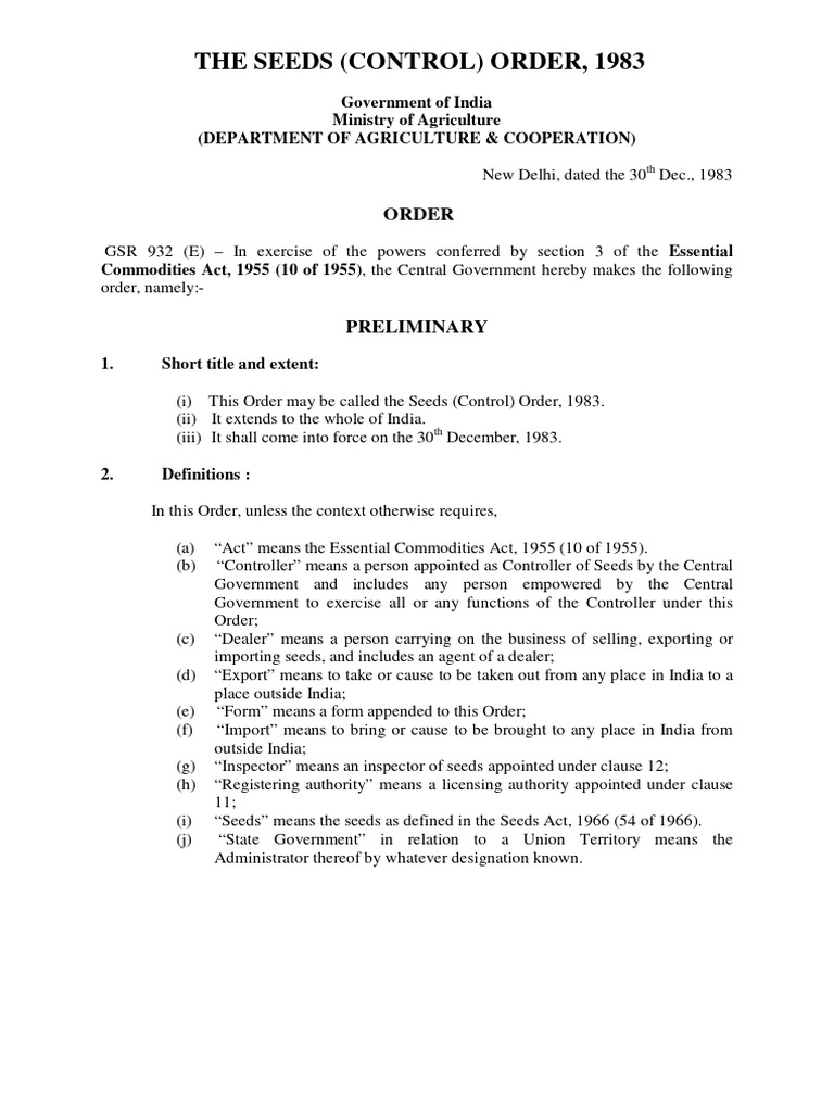 Seeds Control Order, 1983 Overview | PDF | License | Criminal Procedure ...