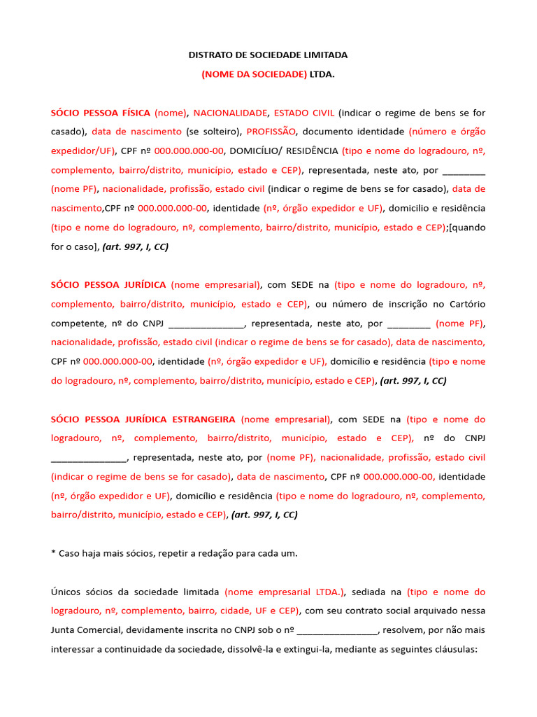 MODELO DE DISTRATO DE SOCIEDADE LIMITADA | Download grátis PDF ...