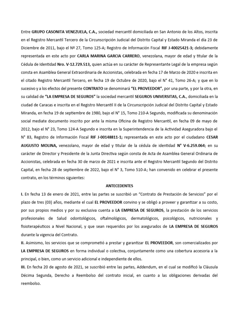 Addendum Al Contrato de Servicios GCV - Tarifas | PDF | Seguro | Documento de identidad