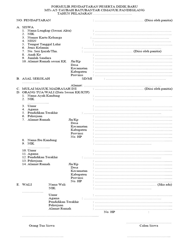 FORMULIR PENDAFTARAN MTS AT-TAUBAH (Terbaru) | PDF