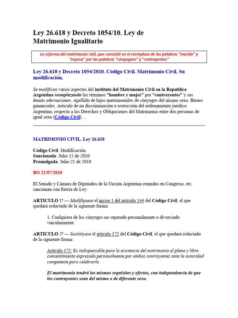 Ley 26.618 y Decreto 1054-10. Ley de Matrimonio Igualitario | Descargar ...