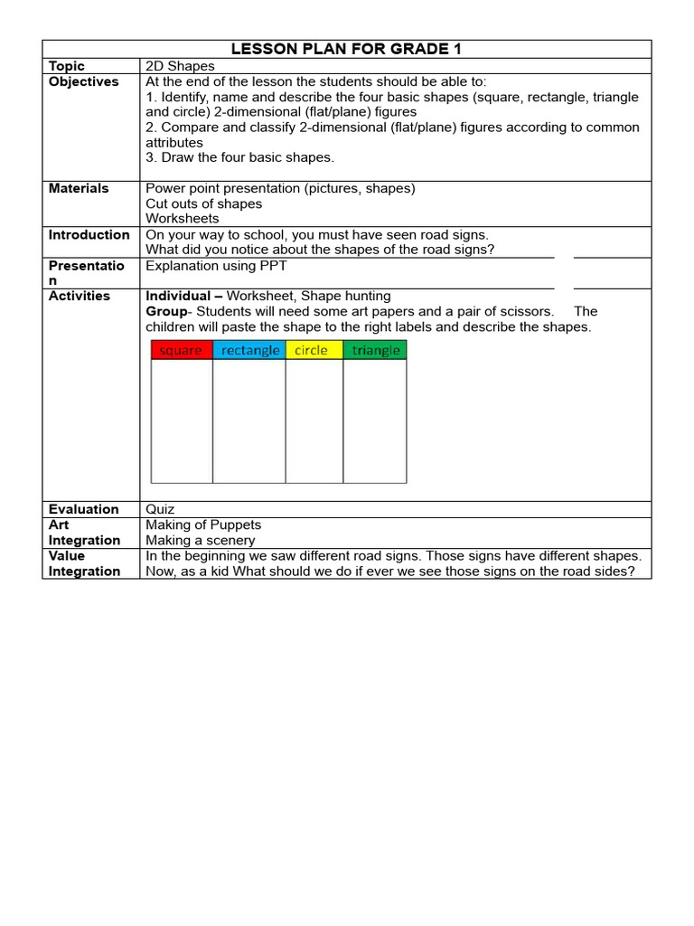 LESSON PLAN-2D Shapes FOR GRADE 1 | PDF | Home & Garden