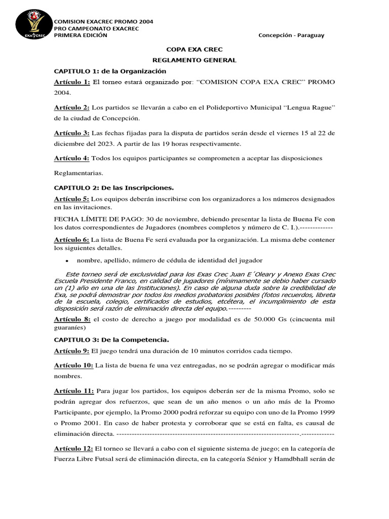 Reglamento Copa Exa Crec 2023 | PDF