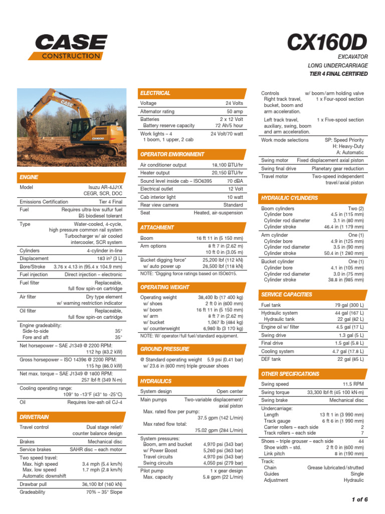 Case CX160D Excavator Specifications | PDF | Horsepower | Vehicles
