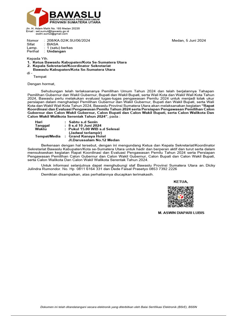 Undangan Rapat Koordinasi Dan Evaluasi Pengawasan Pemilu 2024 | PDF