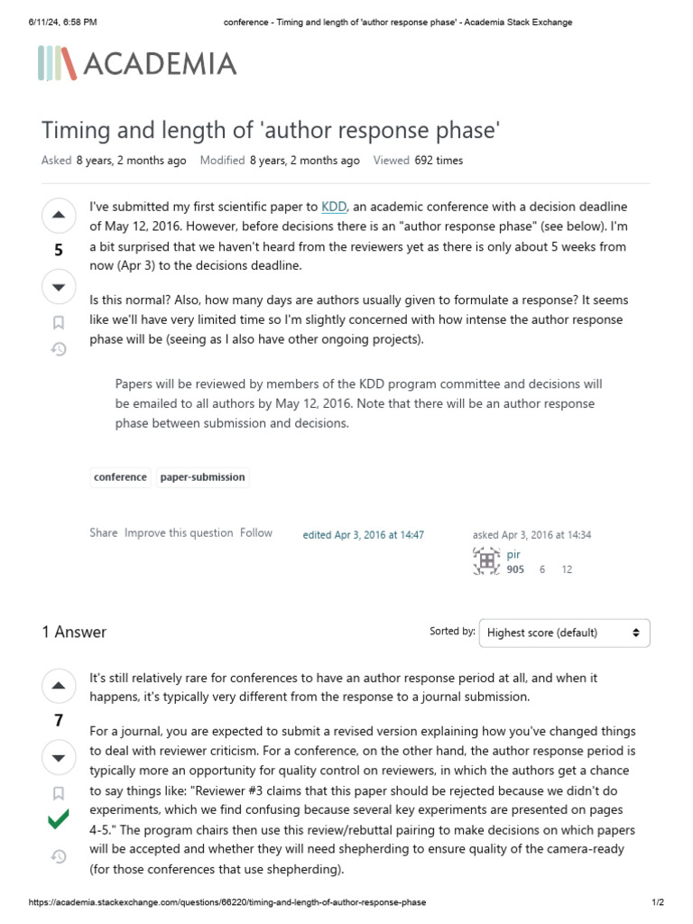 conference - Timing and length of 'author response phase' - Academia Stack Exchange | PDF