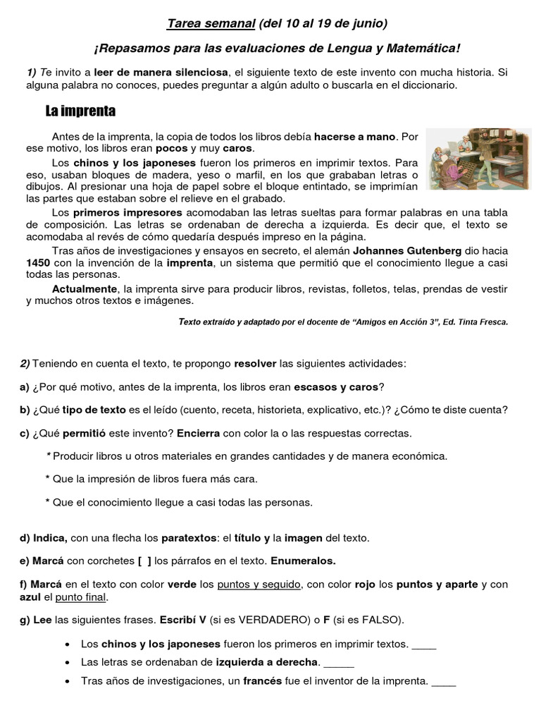 Tarea Repaso Prueba de Lengua y Matematica Junio | PDF | Imprenta ...