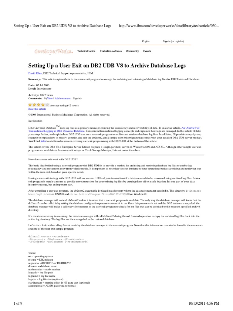 Setting Up A User Exit On Db2 Udb V8 To Archive Database Logs Pdf Computer File Ibm Db2 4262